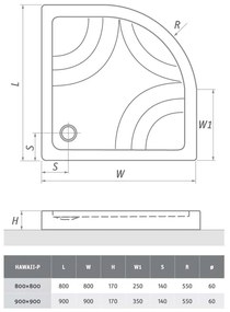 Roth Samonosná čtvrtkruhová sprchová vanička HAWAII-P Varianta: rozměry: 90x90 cm - (HAWAII-P 900 - 8000025)