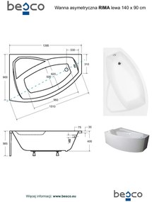 BESCO Asymetrická vana RIMA Nožičky k vaně - S nožičkami, Rozměr vany - 140 × 90 cm, Způsob provedení - Levé - VANRIM140L+OLVPINOZ