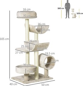 PawHut Kočičí strom, škrábací sloup, škrábací hračky, tunel, béžový L50 x Š40 x V105 cm