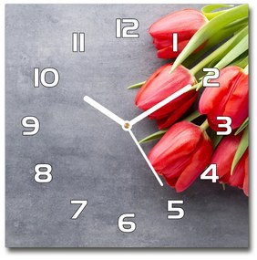 Wallmuralia Skleněné hodiny čtverec Červené tulipány 30x30 cm