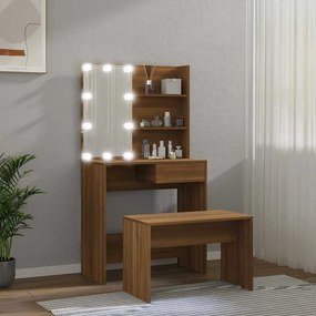 Toaletní stolek sada s LED hnědý dub kompozitní dřevo 3114114