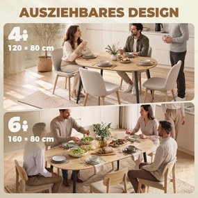 HOMCOM jídelní stůl Roztažný jídelní stůl o rozměrech 120–160 x 80 cm pro 4–6 osob s venkovským stylem kuchyně, jídelny a dubu