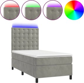 Box spring postel s matrací a LED světle šedá 100x200 cm samet 3136347