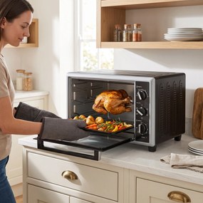 HOMCOM 46 L mini trouba s otočným špízem, ventilátorem, regulací teploty a časovačem, 1800 W, černá