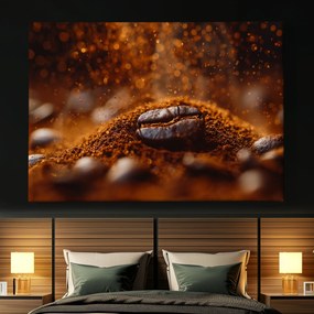 Obraz na plátně - Káva, zrnko v namleté hromádce FeelHappy.cz Velikost obrazu: 90 x 60 cm