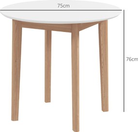 HOMCOM Jídelní stůl, kulatý kuchyňský stůl pro 2 osoby, jídelní stůl ve venkovském stylu, do obývacího pokoje, masiv, Ø75 x 76 cm, bílý