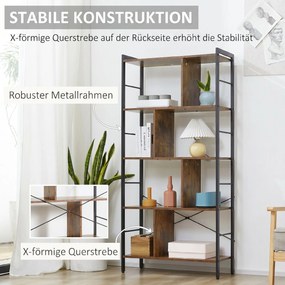 HOMCOM 4-patrová knihovna s 8 úložnými prostory v industriálním stylu pro obývací pokoj, kancelář, ložnici 74x30x157,5 cm Rustikální hnědá