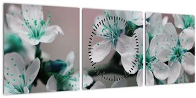 Obraz květu - tyrkysové (s hodinami) (90x30 cm)