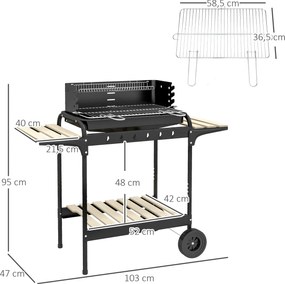 Kovový gril na dřevěné uhlí BBQ udírna s kolečky, výškově nastavitelný grilovací rošt, stojan na dřevo 103x47x95 cm černý