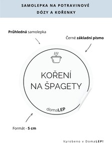 Samolepka na kořenky KOŘENÍ NA ŠPAGETY průhledná 5 cm základní písmo