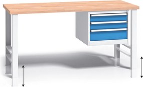 Výškově nastavitelný pracovní stůl do dílny G3 se závěsným boxem na nářadí, buková spárovka, 3 zásuvky, 1500 x 685 x 840 - 1050 mm, modrá