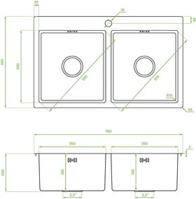 Laveo Marmara, 2-komorový nerezový kuchyňský dřez 780x480x200 mm, ocelová, LAV-SAM_020T