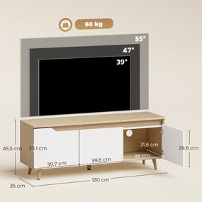 HOMCOM TV skříňka pro televize do 55" s 3 dveřmi a nastavitelnou policí – 5 borovicových nožiček, dub/bílá