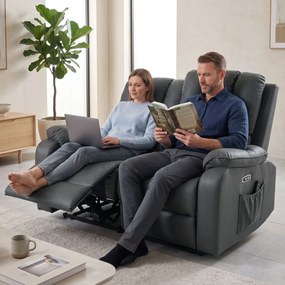 HOMCOM 2-místná elektrická relaxační pohovka z Leathaire s masážní a vyhřívací funkcí, 2 dálkové ovladače, USB-/USB-C porty