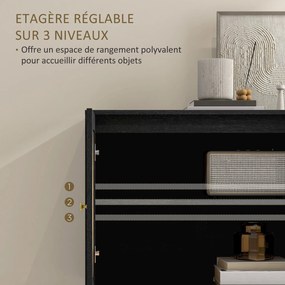 HOMCOM Buffet Skříňka s Dvojitými Dveřmi v Boho Stylu, 2 Úrovně, Ratanový Přední Panel 80 x 38 x 79 cm Černá