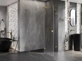Mexen Lunar, L pravý výklopný pětiúhelníkový sprchový kout 90 x 80 cm, 8mm čiré sklo, zlatý profil, 831L-090P-080L-50-00-P