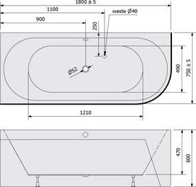 Polysan VIVA L MONOLITH asymetrická vana 180 x 75 x 60 cm levá akrylát šedá 72099M.30