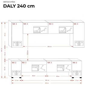 Ral Obývací stěna DALY 3, 240 cm - Bílo/černý lesk