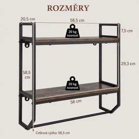 Koupelnová polička s držákem ručníků, kov/dřevo, 58 x 58 cm JV13087