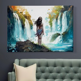 Obraz na plátně - Žena se chystá ke koupání pod vodopádem FeelHappy.cz Velikost obrazu: 180 x 120 cm