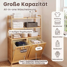 Costway Bambusový koš na prádlo s 2 přihrádkami a úložným prostorem 3 patra