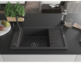 Mexen Elias, granitový dřez granitový 795x480x200 mm, 1-komorový, černá skvrnitá s černým sifonem a černá dřezová baterie Rita, 6511-76-670300-70-B