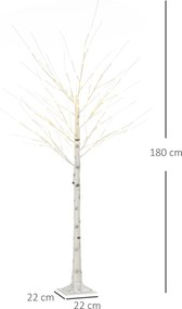 HOMCOM Umělý strom, umělá bříza, s LED osvětlením, teplá bílá, realistická bílá kůra, 22 x 180 cm