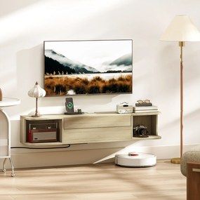 HOMCOM závěsný televizní nábytek, TV stolek pro televizi 127 cm, zásuvka, police, průchodky na kabely, 120x24x22,4 cm, vzhled přírodního dřeva