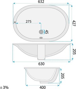 Rea Vena, oválné umyvadlo pod desku, 63,5 × 42,7 cm, bílá lesklá, REA-U3589