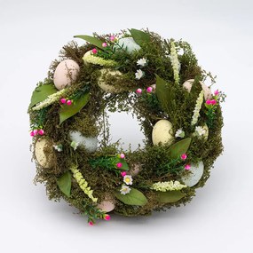 Velikonoční věnec na dveře, 30 × 30 × 8 cm, traviny a vajíčka, venkovní