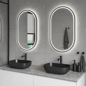 Erga Gwen, oválné LED zrcadlo 50x80cm v černém kovovém rámu, 3 barvy světla, přední osvětlení, vyhřívací podložka proti zapaření, ERG-V01-GWEN-5080-BK