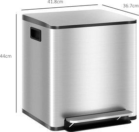 HOMCOM Koš na odpadky s pedalem, 2 přihrádky 15L, měkké zavírání víka, nerezová ocel a PP, 41,8x36,7x44 cm, stříbrný