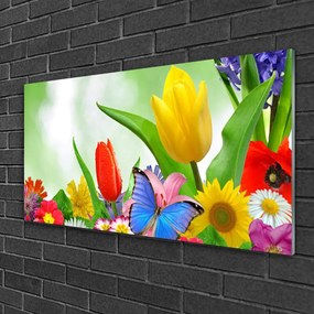 Obraz na skle Motýl Květiny Příroda 125x50 cm