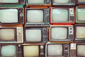 DIMEX | Samolepicí vliesová fototapeta na zeď Retro televizory MA-5-2137 | 375 x 250 cm | červená, černá, oranžová, šedá