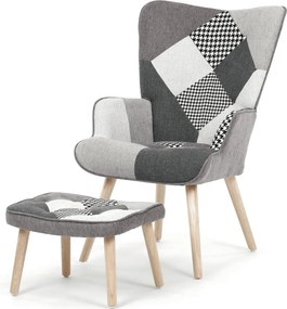 Relaxační křeslo ušák s podnožkou LYRO - šedá patchwork látka