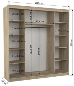 Šatní skříň s posuvnými dveřmi Olivier - 200 cm Barva: Černá/Bílá