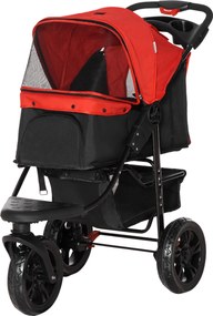 Skládací kočárek pro psy PawHut s 3 koly, síťovanými okny, košíkem a bezpečnostními popruhy, nosnost 25 kg, rozměry 109,5x57,5x106,5 cm, červený | Aos