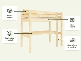 Benlemi Vyvýšená postel MAKALU s psacím stolem 90x200 cm Zvolte barvu: Transparentní lazura
