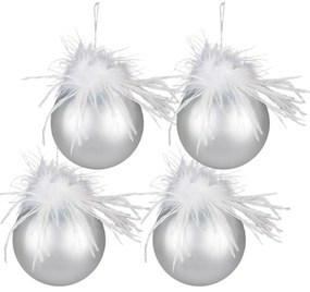 4ks stříbrná vánoční ozdoba koule s peříčky a flitry - Ø 10 cm