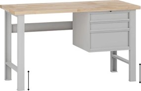 Výškově nastavitelný dílenský stůl G7, buková spárovka, 1500 x 685 x 840-1040 mm, 1x kontejner, 3 zásuvky, šedá