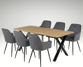 Vikio Jídelní set pro 6 osob 180x90 cm soft dub noha X šedá židle s područkami VJS228-6S