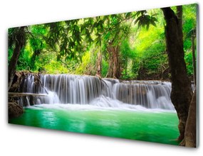 Obraz na skle Vodopád Jezero Les Příroda 125x50 cm