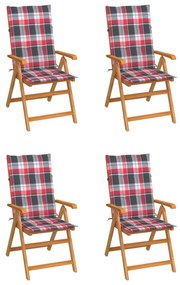 Skládací židle 4 ks, polštáře s červeným kostkovaným vzorem, masivní teakové dřevo 3065543
