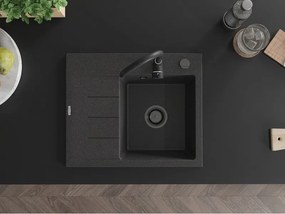 Mexen Ben, 1-komorový granitový dřez 600x500x190 mm, pravý + černý sifon, černá skvrnitá, 6523605000-76-B