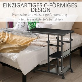 HOMCOM Stolek se Společkami 80x40 cm C-Formovaný Pohovkový Stolek s Nastavitelnou Výškou 3 Úrovně 72-82 cm Kovový Rám pro Obývací Pokoj a Kuchyni Čer…
