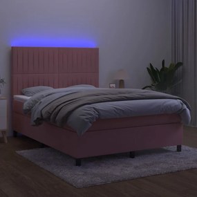Box spring postel s matrací a LED růžová 140x200 cm samet 3136250