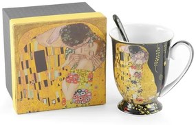 HOME ELEMENTS Porcelánový hrnek se lžičkou 280 ml, Klimt Polibek černý