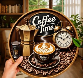 nástěnné hodiny, 2D, malé, dřevo, 20x20 cm, coffee styl, Dekorino HN20260003