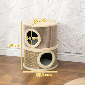 PawHut Škrabací sud, výška 49 cm, Ø35,5 cm, dvoupatrový kočičí sud s plyšovým okrajem, škrabací podložka, 2 jeskyně, khaki + káva