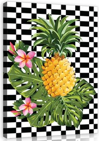 Obraz 75x100 Ananas Tropiky Plumeria Květiny Listy Monstera žlutý růžový